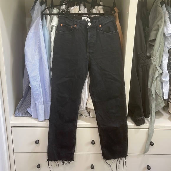 Re/Done | Jeans | Redone Straight Leg Cropped Faded Frayed Black Jeans ...